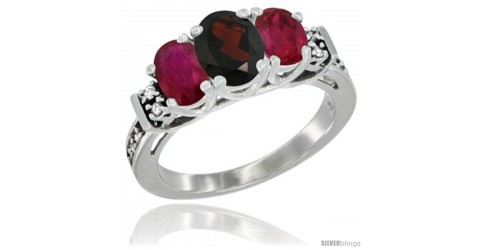 14K White Gold Natural Garnet & Ruby Ring 3-Stone Oval with Diamond ...