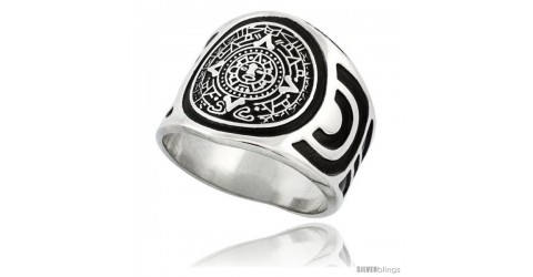 Sterling Silver Aztec Calendar Mayan Sun Men's Ring Aztec Design Sides ...